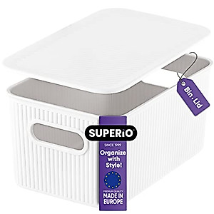 Superio Decorative Plastic Lidded Home Storage Bins Organizer Baskets, Medium White (1 Pack - 5 Liter) Stackable Container Box, for Organizing Closet Shelves Drawer Shelf - Ribbed Collection
