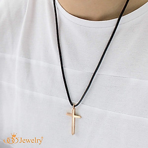 555Jewelry Stainless Steel Rose Gold Cross Necklace for Women, Leather Necklace for Women, Womens Cross Necklace, Cross Pendant for Women - Adjustable Leather Cord Rope Chain