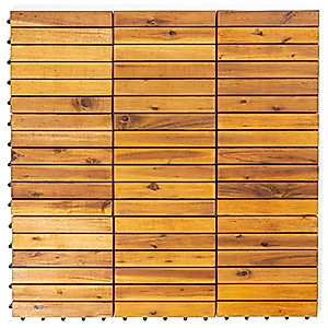 YAMAZING 12”x12” Solid Wood Interlocking Flooring Tiles (Pack of 9), Acacia Hardwood Deck Tiles, Floor Tile for Both Indoor & Outdoor Use, Patio Garden, Waterproof All Weather, 6 Slat (9 Sq Ft)