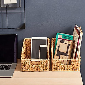 EZOWare Woven Open Front Storage Baskets, Natural Water Hyacinth Wicker Storage Trapezoid Organizer Bin Boxes with Handles for Closet Toys Clothes Kids Room Nursery, Empty Decorative Gift - Set of 2