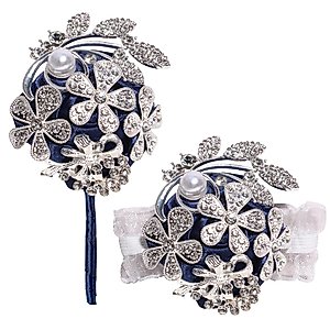 WANLIAN Wrist Corsage with Peal and Rhinestone Corsage and Boutonniere Set for Wedding,Prom,Party (Silver Navy Blue，2 Pieces)