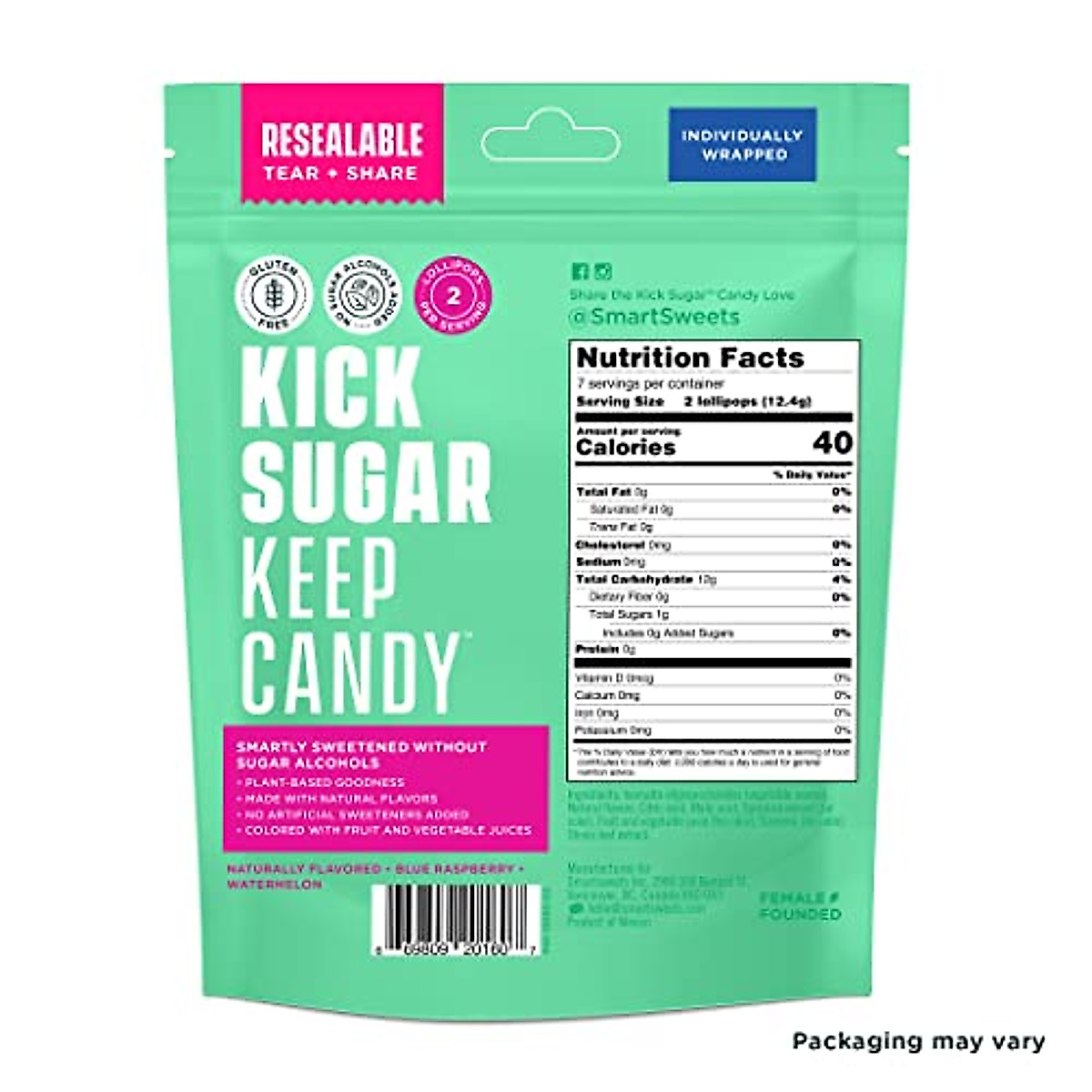 SmartSweets Lollipops, Blue Raspberry & Watermelon Flavors, Hard Candy with Low Sugar (1g), Low Calorie (40), No Artificial Sweeteners, Plant-Based, Gluten-Free, 3oz (Packaging May Vary)