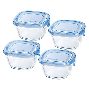 iwaki NEW Pack & Microwave Oven [Square] 200ml × 4-piece set, Aqua Blue (KBT3200BLN)