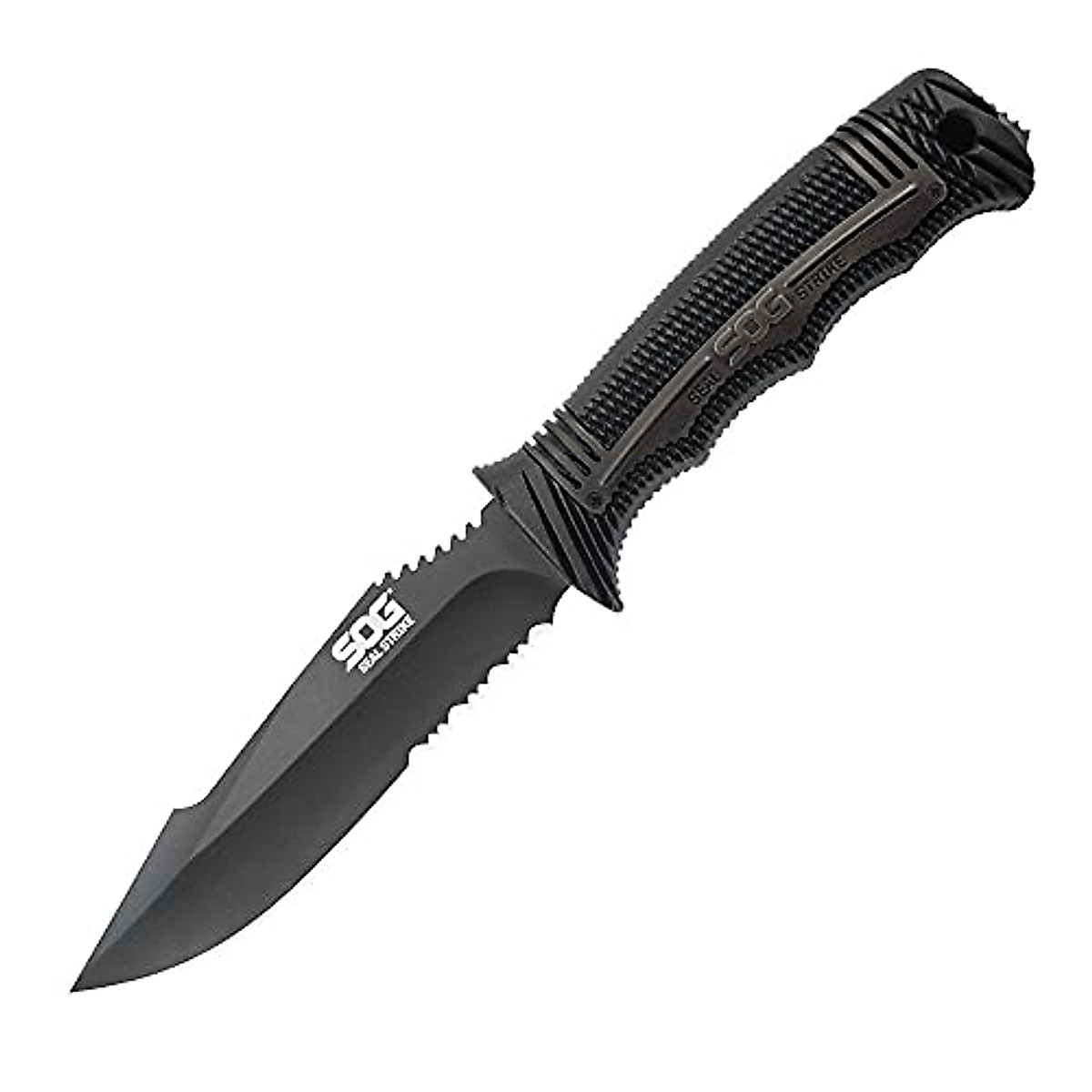 SOG Seal Strike Fixed Blade Knife with Sheath- Tactical and Hunting Knife with 4.9 Inch Partially Serrated Bowie Knife Blade and Survival Knife Line Cutter (SS1003-CP)