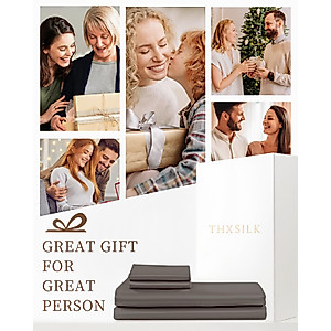 THXSILK 25 Momme Silk Duvet Cover Set 4PCS(1 Duvet Cover + 1 Fitted Sheet + 2 Pillow Shams),100% Mulberry Natural Silk Bedding Set (Charcoal, King)