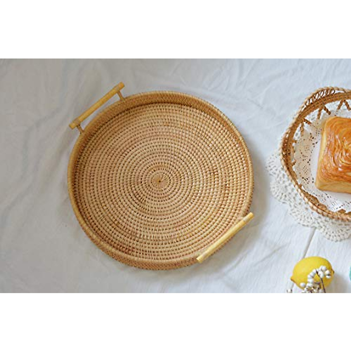 DECRAFTS Rattan Round Serving Tray Wicker Woven Bread Basket with Handles for Cracker Dinner Parties Coffee Table Breakfast (Natural 12.6 inches)