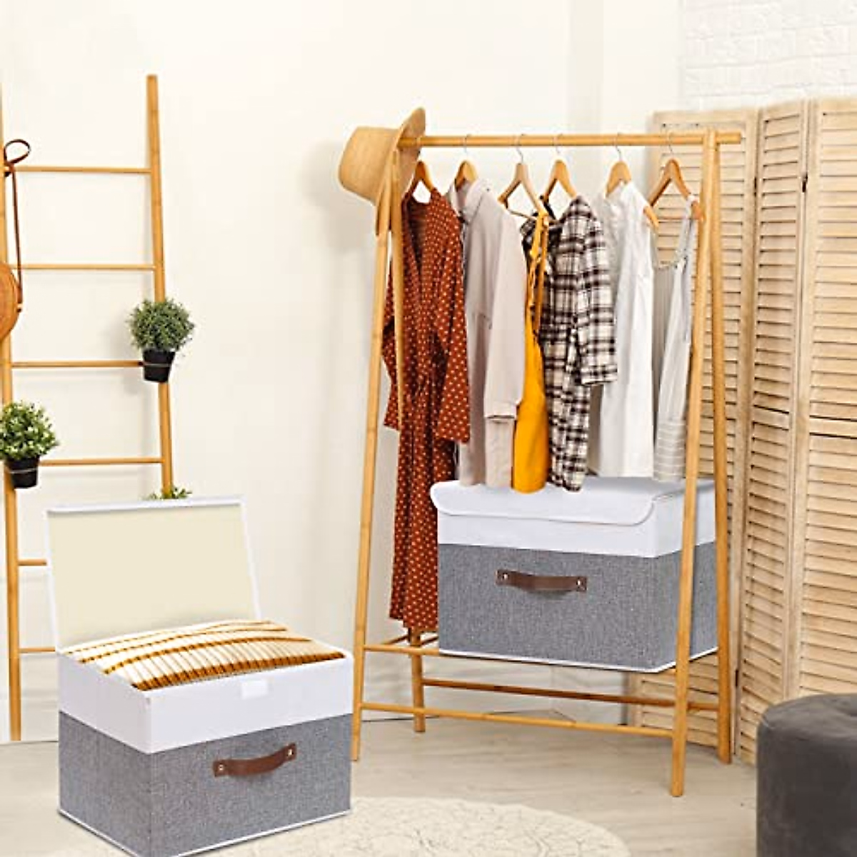 Yawinhe Collapsible Storage Boxes 1 Pack, Linen Fabric Storage Baskets Washable, with Lids and Leather Handle, for Home Bedroom Closet Office, (White/Grey, 15.0x9.8x9.8in), USNK024WGL-1