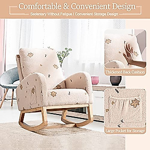 Cute Comfy Rocking Chair for Baby Nursery, Upholstered Rocker Chair with High Backrest and Side Pocket, Modern Armchair for Living Room, Glider Rocker with Solid Wood, Quiet Rocking Design, Beige