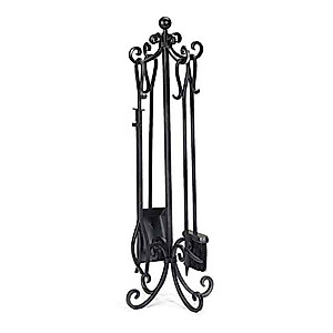 Plow & Hearth Crest Fireplace 4-Piece Tool Set with Stand, Solid Steel, Convenient Hanging Loops, Tongs, Poker, Shovel, Broom, Decorative and Functional, Approx. 12"" diam. x 34¾"" H (Black)