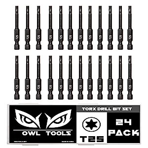T25 Torx Bits (24 Pack - 2 Inch Impact Grade) 6 Point Torx Star Bit with Hex Shank - Hardened CRM Steel Alloy - Case Included