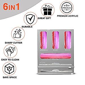 Acrylic Ziplock Bag Storage Organizer For Kitchen Organization Compatible with Gallon, Quart, Sandwich & Snack Variety Bags with Plastic Wrap, Aluminum Foil Dispenser & Cutters with Labels 6 IN 1
