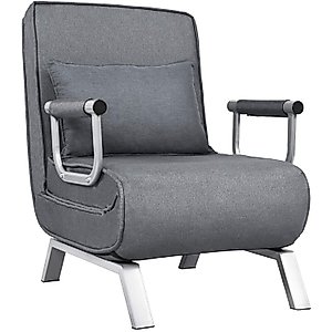 Convertible Sofa Bed Sleeper Chair, Modern Chaise Lounge 5 Position Adjustable Backrest, Folding Arm Chair Sleeper with Pillow, Upholstered Seat, Couch for Bedroom Home Office, Grey