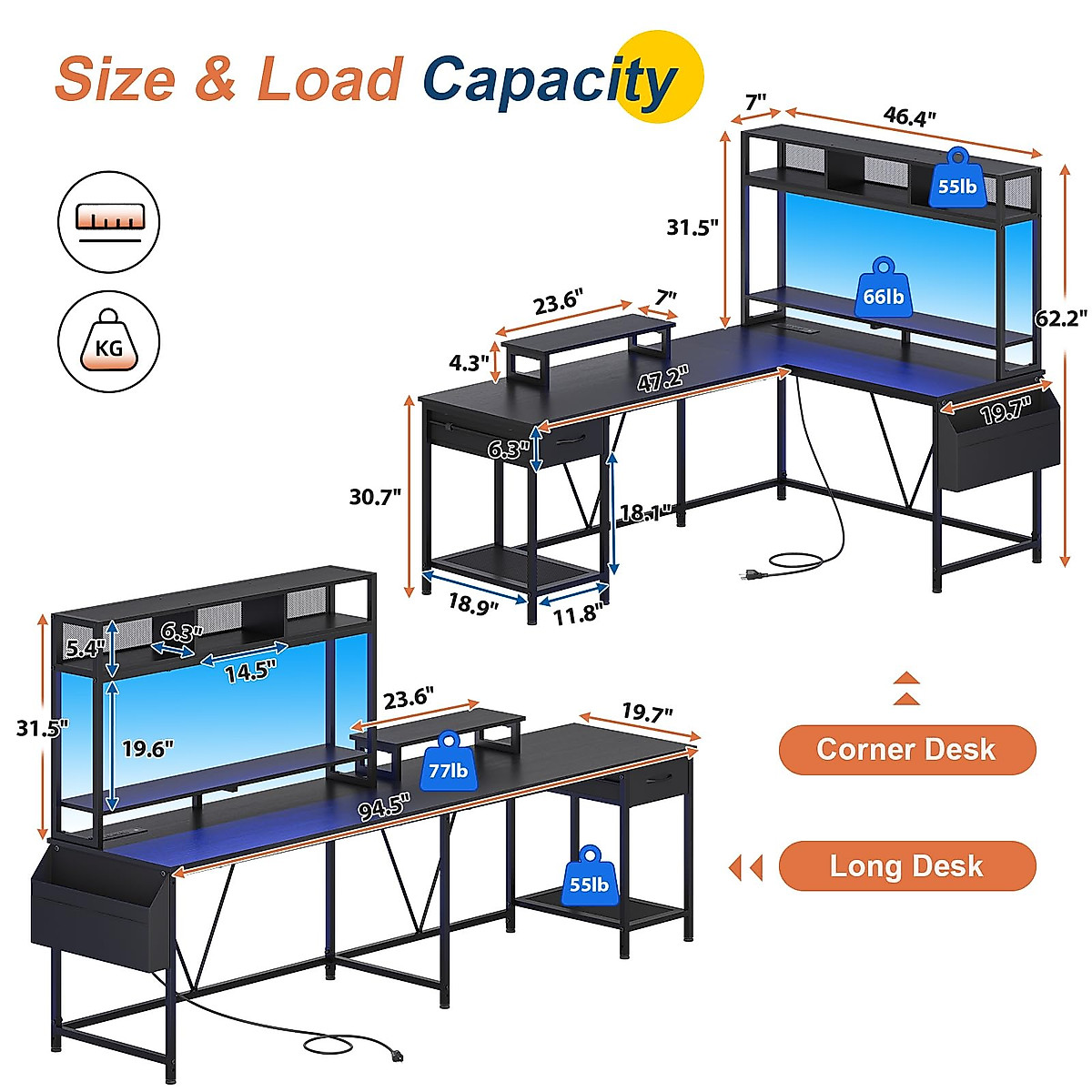UPOSOJA L Shaped Gaming Desk with Shelves, Reversible 66.9" Corner Computer Desk with Power Outlet and Led Strip, Home Office Desks with Drawer Mobile Monitor Stand Storage Bag(Black)