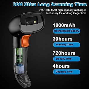 Bluetooth Barcode Scanner with Stand，2.4G Wireless & USB 2D QR Handheld Barcode Reader Scanner for Library Book, Warehouse Inventory, Store
