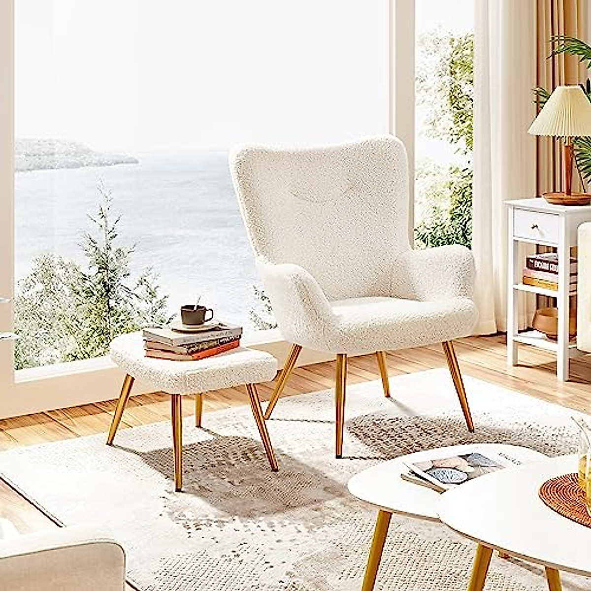 Yaheetech Accent Chair and Ottoman Set, Sherpa Armchair with Golden Metal Legs and High Back, Footstool for Living Room, Lounge, Ivory