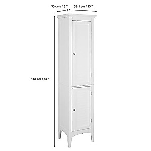 Elegant Home Fashions Glancy Linen Tower Freestanding Cabinet Tall Narrow Bathroom Kitchen Living Room Storage with 2 Shutter Doors 5 Tier Shelves, White, Standard