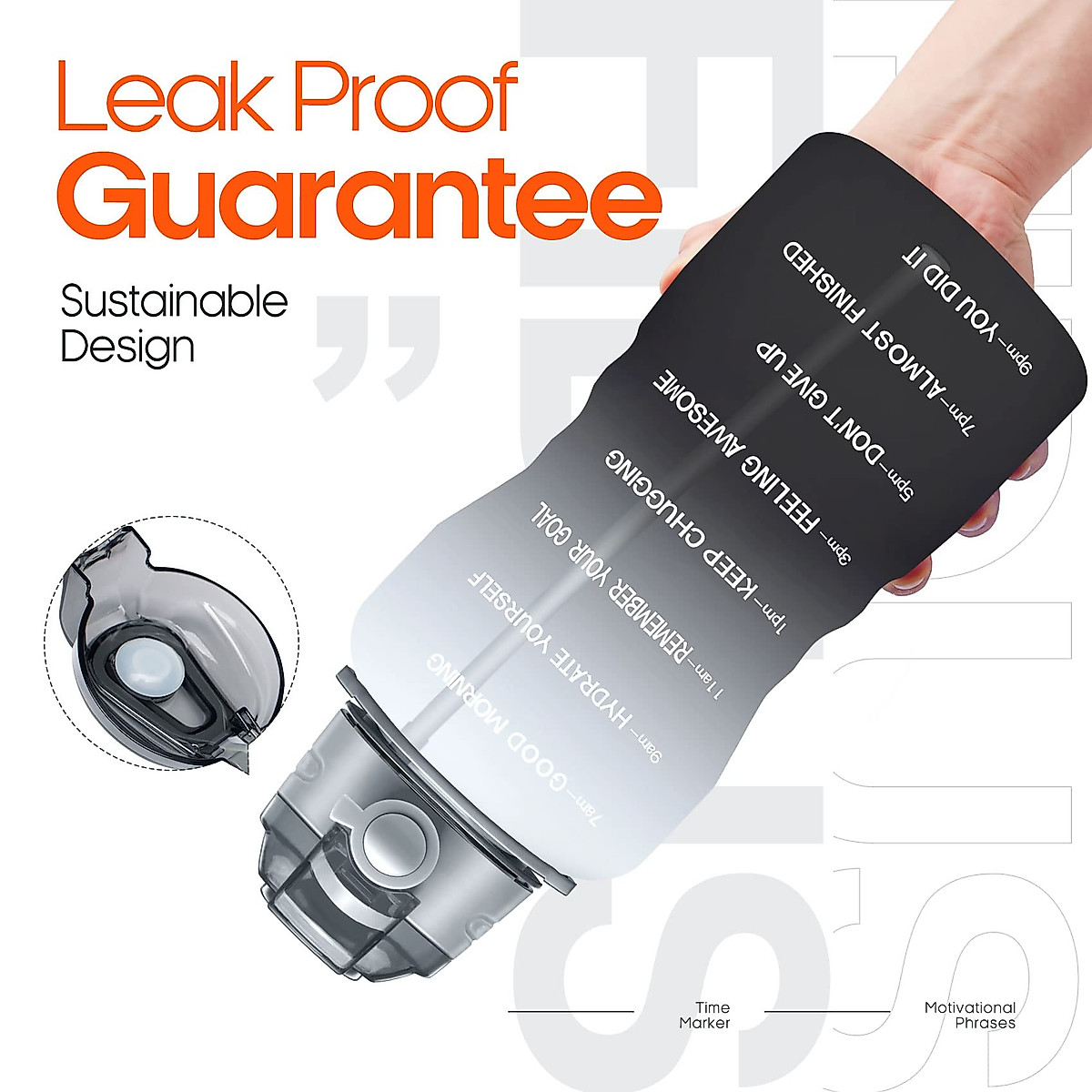 Fidus Large 1 Gallon Motivational Water Bottle with Paracord Handle & Removable Straw - BPA Free Leakproof Water Jug with Time Marker to Ensure You Drink Enough Water Throughout the Day-White/Gray