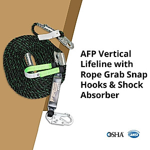 AFP 25 FT Vertical Lifeline Assembly w/Rope Grab Snap Hooks & Shock Absorber, ANSI & OSHA Rated Fall Protection Roofing Safety Equipment