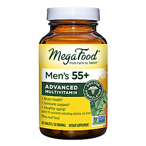 MegaFood Men's 55+ Advanced Multivitamin for Men - Doctor-Formulated -Choline, Vitamin D, Vitamin B12 – Plus Real Food – Brain Health Supplement for Adults & Immune Support - 60 Tabs (30 Servings)