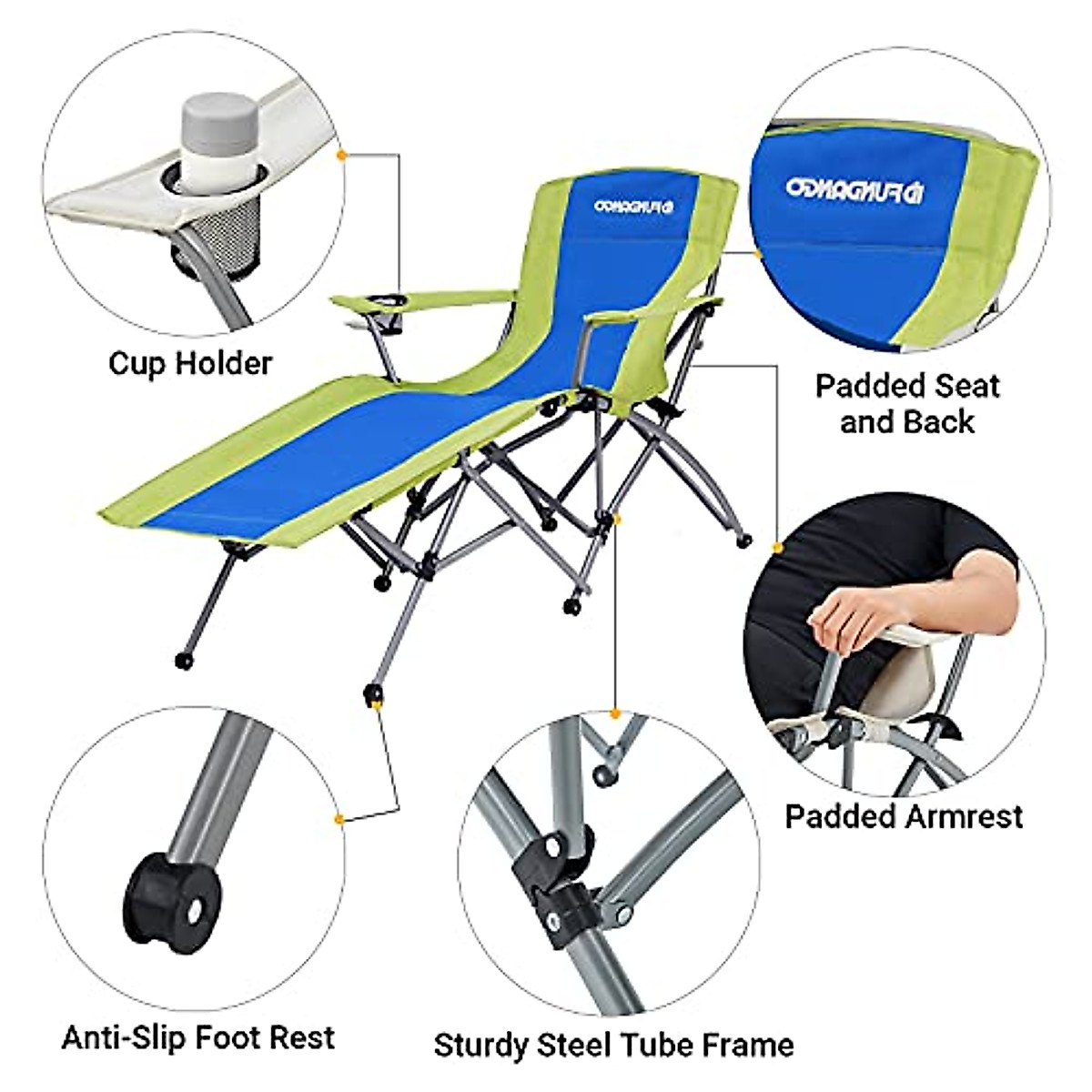 FUNDANGO Folding Outside Heavy Duty Patio Deck Chaise Lounges Lawn Chairs with Footrest for Outdoor Sun Tanning Beach Pool, Support up to 264 lbs, 34.25x 61.42x 33.86inch, Blue/Green
