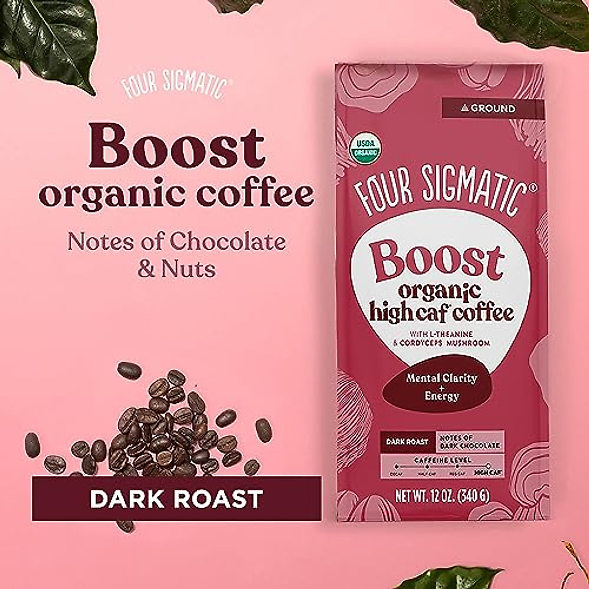 Four Sigmatic Boost Organic High Caffeine Coffee | Dark Roast Extra Strong Ground Coffee with L-Theanine & Cordyceps Mushroom Extract | Energy Booster Super Coffee without the Jitters | 12oz Bag