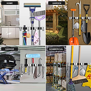 Favbal Broom Hanger Wall Mounted, 2PCS Mop and Broom Holder Wall Mount Garage Organization and Storage Stainless Steel Kitchen Tool Organizer Wall Hanger for Laundry Room Garden Garage Closet Kitchen