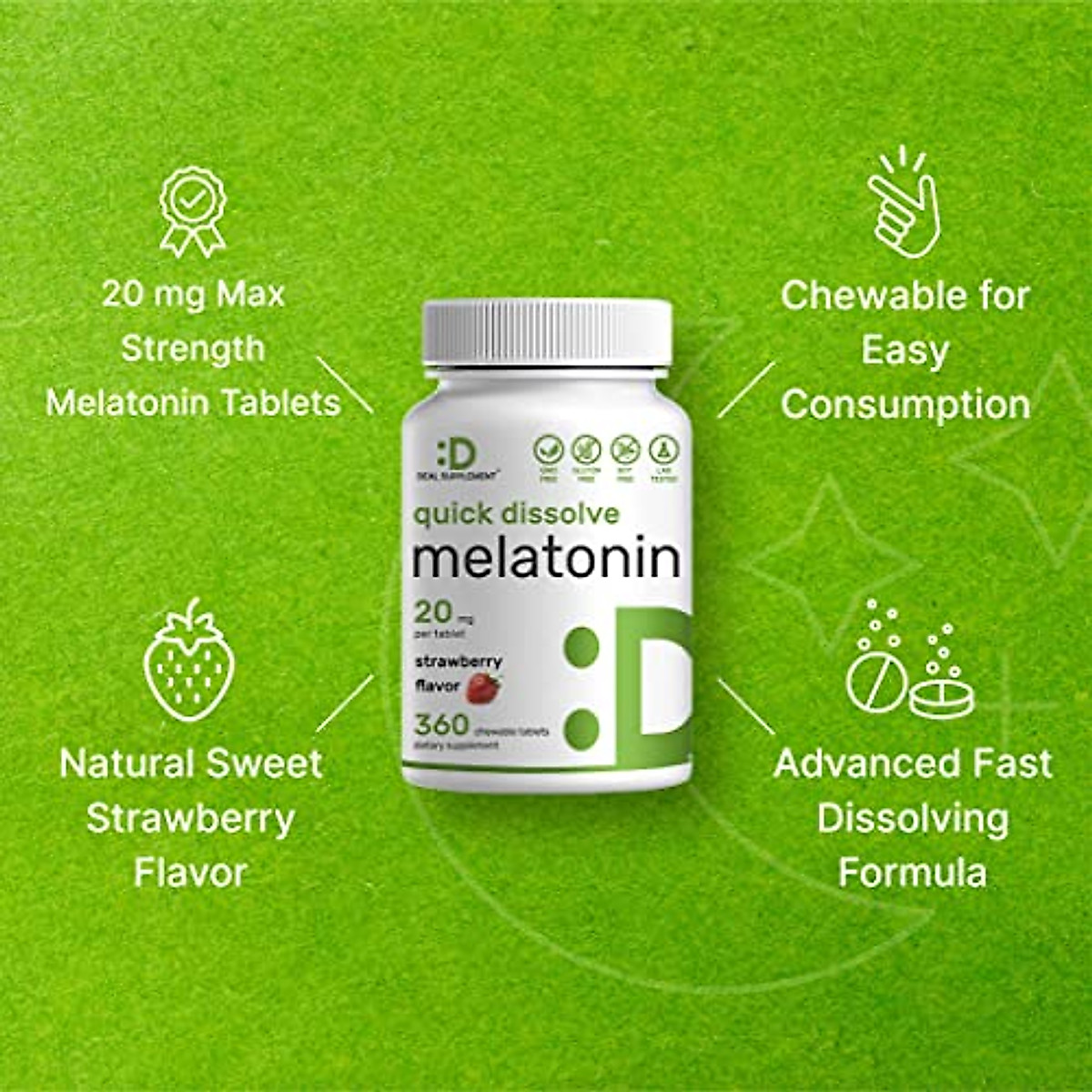 Melatonin 20mg Tablets, 360 Pill - Strawberry Flavored - Easy Consumption & Absorption | Keto, Vegan Friendly, Bulk Supply (360 Servings)