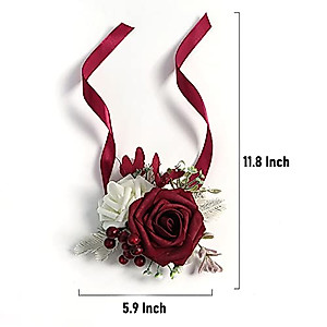 Bride Bridesmaid Wrist Corsage Set of 2 for Mother Grandmother Sister of Bride and Groom Fake Rose Wrist Flower Wedding Quinceanera Party Prom Homecoming Artificial Hand Flower (Burgundy)