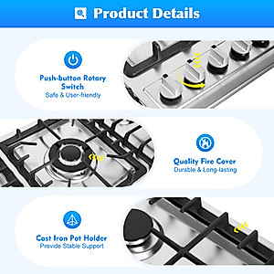 5 Burners Built in Gas Stovetop Cooker Gas Range Portable Stainless Steel Cooktop LPG/NG Dual Fuel Cast Iron Grate Gas Stove Kitchen Cooking Stove for Home RV Outdoor Apartment Silver(33.85x19.68Inch)