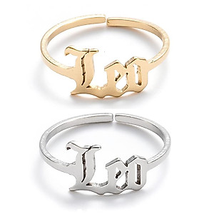 Aoxstno 2 Pieces Constellation Ring for Women Horoscope Zodiac 12 Constellation Astrology Adjustable Ring (gold silver Leo（2pcs)