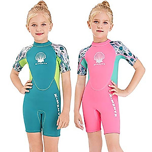 Wetsuit Kids Shorty Neoprene Thermal Diving Swimsuit 2.5MM for Girls Boys Child Teen Youth Toddler, One Piece Children Rash Guard Swimming Suit UV Protection Sunsuit for Surfing (Girl Pink, M)