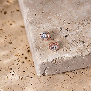 PAVOI 14K Gold Plated Sterling Silver Post Brilliant Round Faux Diamond Halo Earrings - Premium Cubic Zirconia in Rose Gold