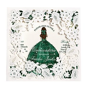 FANEYA 50Pcs Customized Quinceanera Invitation Emerald Green, Elegant 15 years Invitations Sweet 16, Miss XV, Birthday Laser Cut Quince Invitation Cards White Personalized