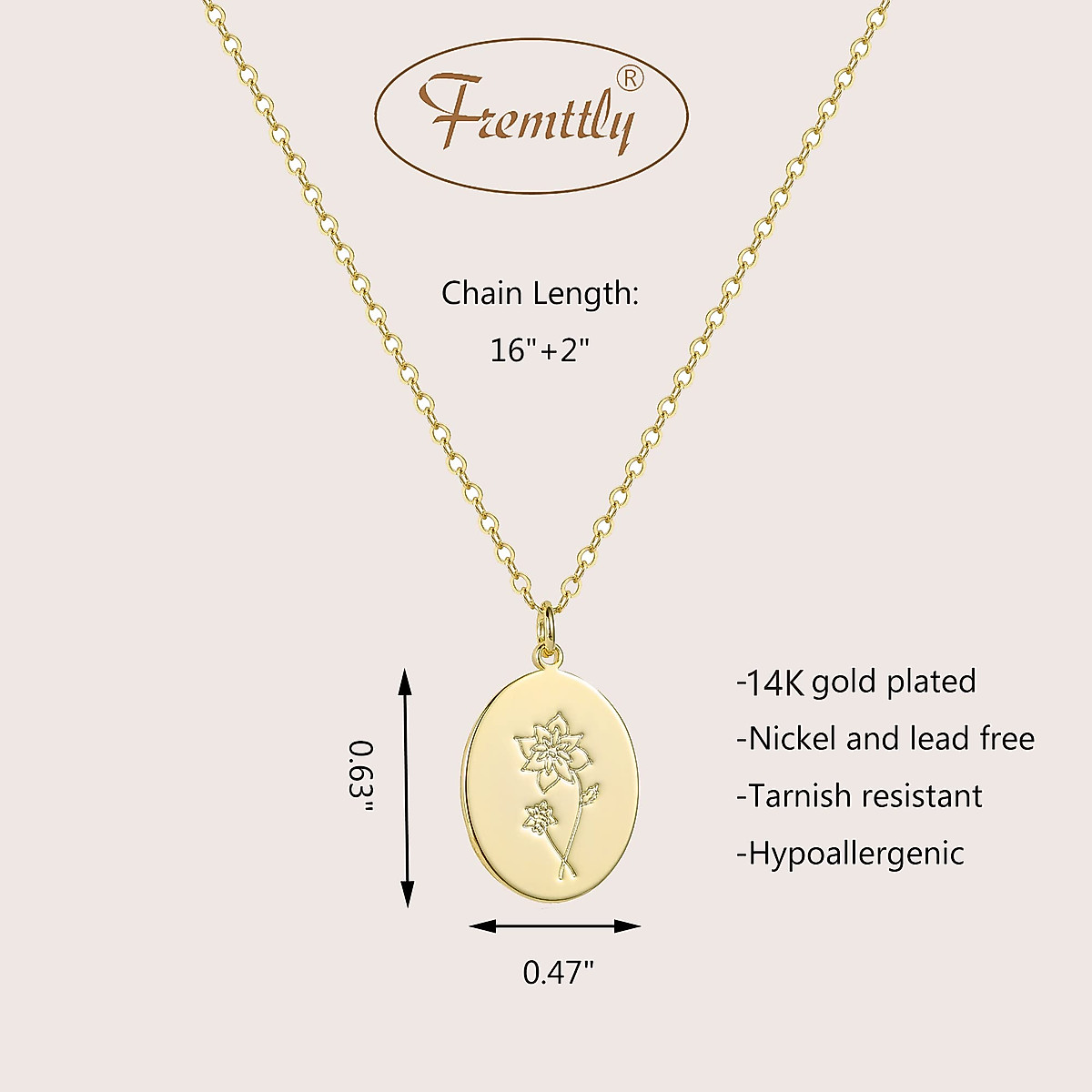 Fremttly Oval Coin Pendant Necklace 12 Month Birth Flower Disc Necklace 14K Real Gold Dainty Personalized Gift -3-Daffodil