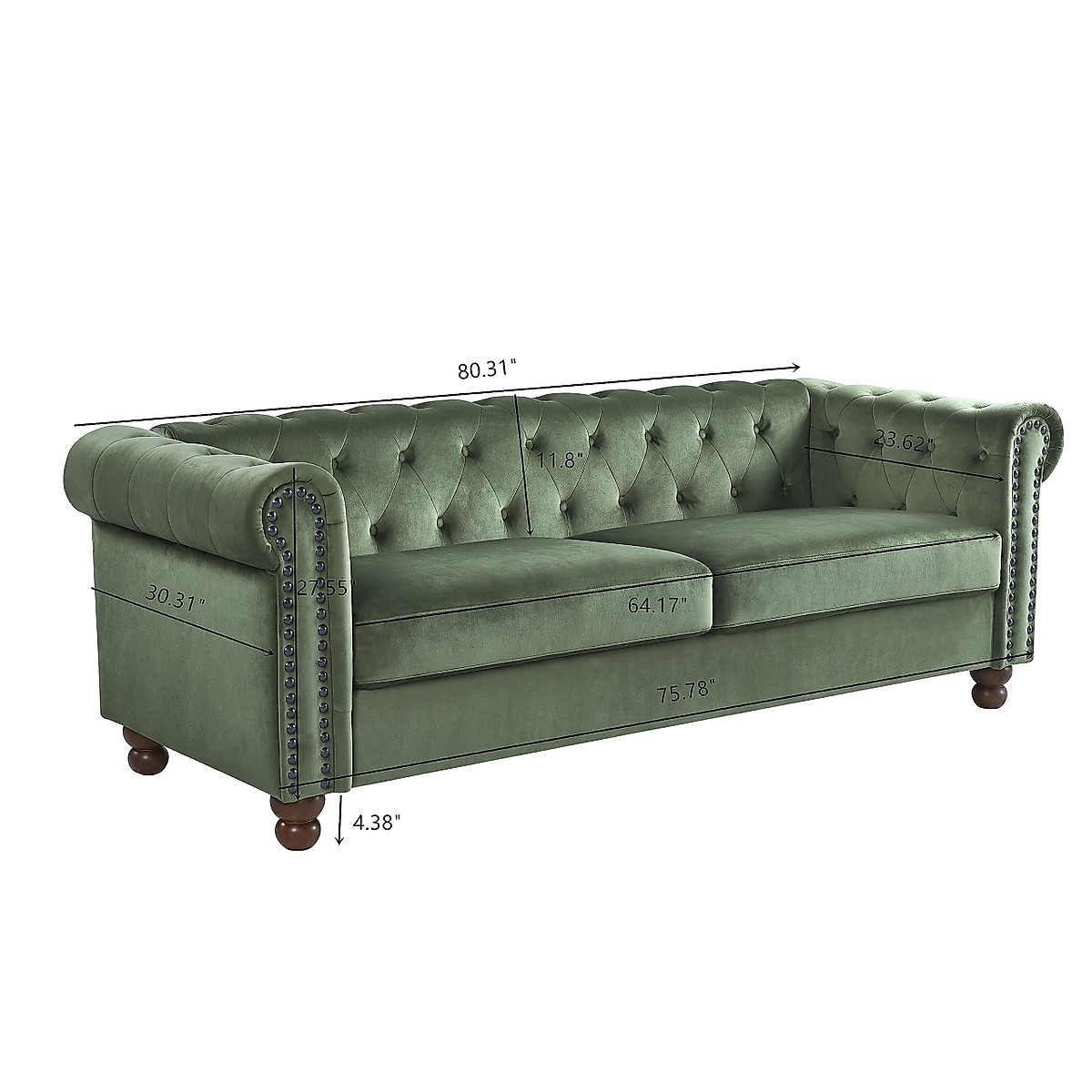 WILLIAMSPACE 80" Classic Chesterfield Sofa Couch for Living Room, 3 Seater Tufted Sofa with Scroll Arms, Upholstered Couch Furniture for Apartment Office, Fabric (Green)