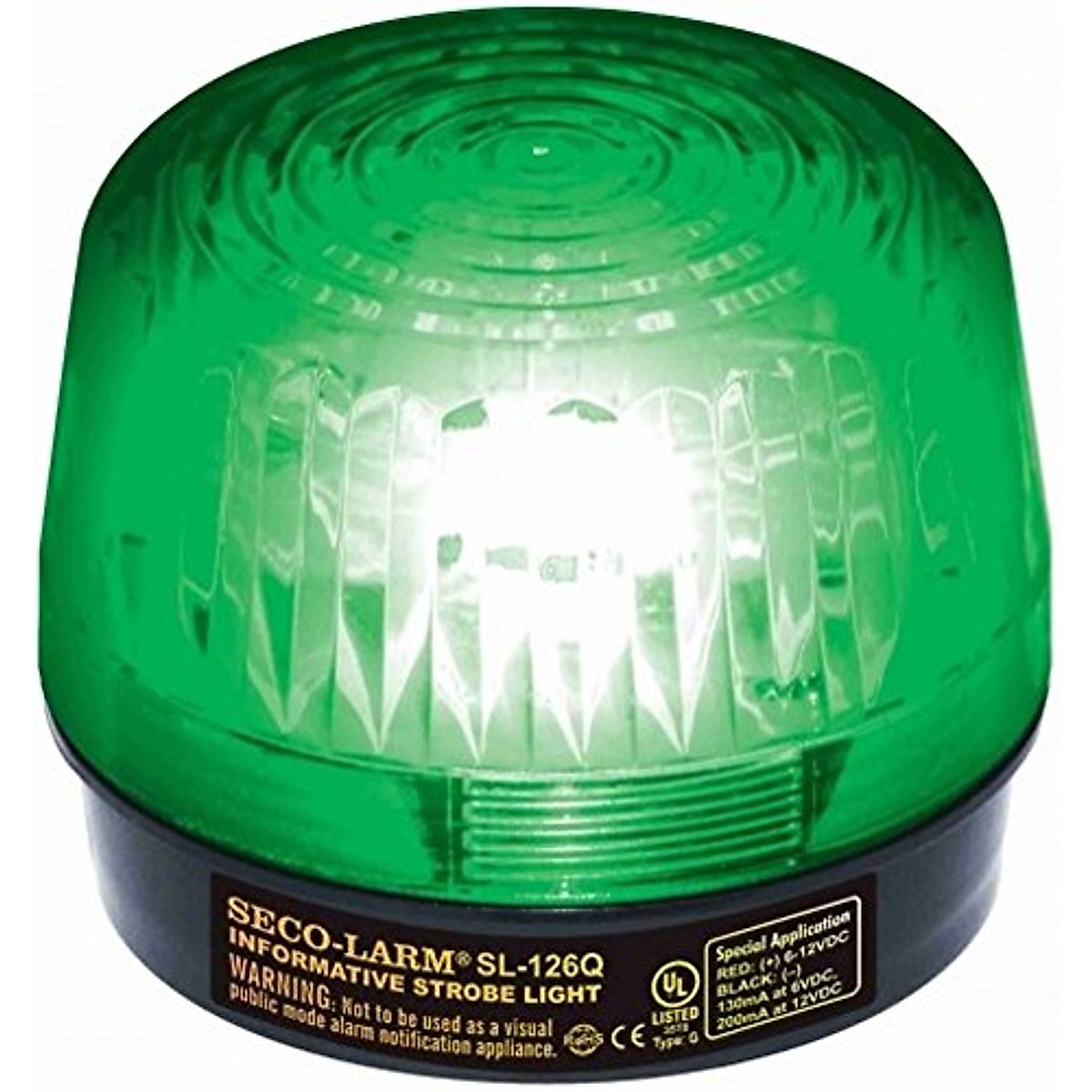 SECO-LARM SL-126-A24Q/G Strobe Light, Green Lens; For "informative" general signaling requirements; For 6 to 24-Volt use; Incorrect polarity cannot damage circuit or draw current; Easy 2-wire installation, regardless of voltage