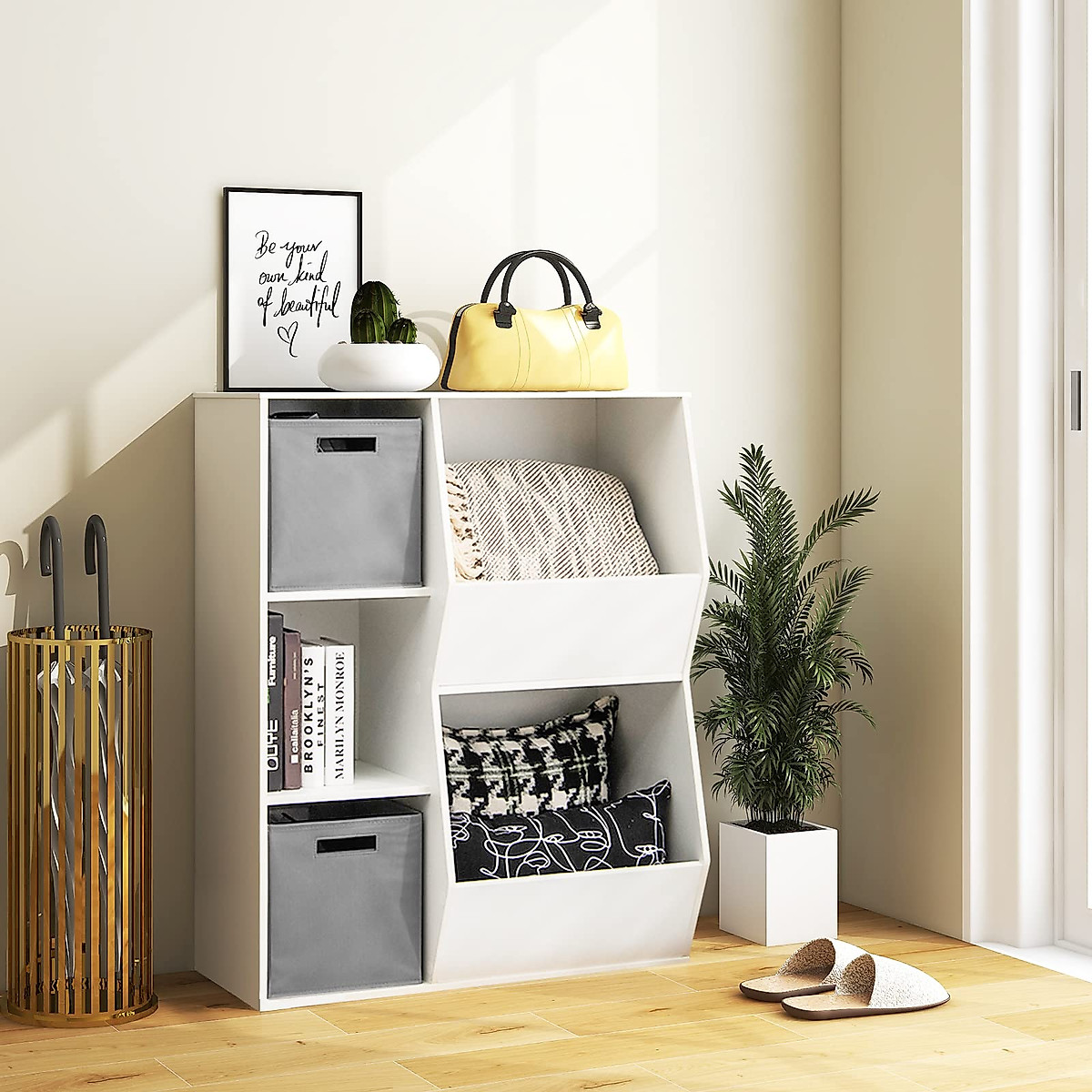 HONEY JOY 5 Cubbies Kids Toy Storage Organizer, Children Bookcase and Bookshelf w/2 Storage Boxes, Wooden Muti-Bins Toy Storage Display Cabinet for Playroom, Nursery, Daycare, Kindergarten