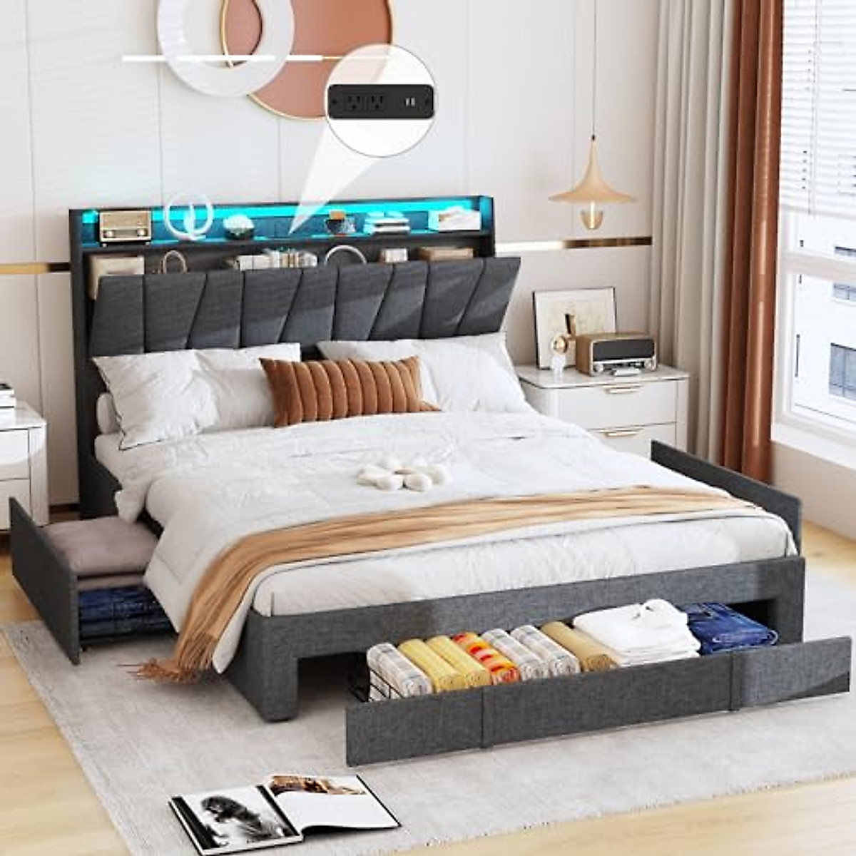 LED Queen Size Bed Frame with Storage Headboard and Charging Station,Upholstered Platform Bed with 3 Storage Drawers,Queen Bed Frame with LED Lights,No Box Spring,Noise-Free,Charcoal Gray