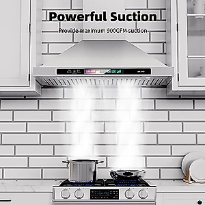 BRANO 30 Inch Wall Mount Range Hood with Voice/Gesture/Touch Control, 900 CFM Kitchen Hood Vent with 4 Speed Exhaust Fan, Ducted/Ductless Convertible Stove Hood with Memory Mode, 4 Adjustable Lights