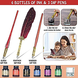 Lotkey Quill Pen and Ink Set, Calligraphy Pen Set for Beginners Including Feather Pen Glass Wooden Dipping Pen 6 Bottles Ink 17 Replaceable Nibs Pen Rack With Wax Seal Stamp Kit for Holiday Ideal Gift