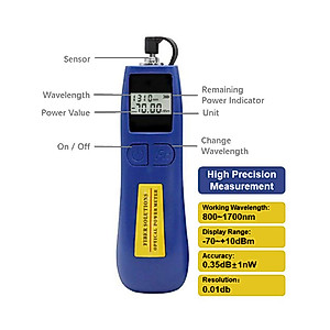 QIIRUN Optical Power Meter -70~+10 dBm Fiber Light Meter for Testing 6 Calibrated Wavelengths, 68g Light Weighted