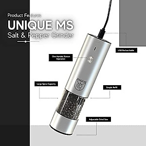 Rechargeable salt and pepper grinder set - Electric salt and pepper grinder - Electric pepper mill Spice grinder (46 g Spice Holder) Stainless steel Adjustable Coarseness LED light