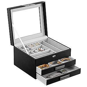 Oyydecor Jewelry Box with Clear Lid, 3-Layer Jewelry Organizer with 2 Drawers PU Leather Display Storage Case Necklace Ring Earring Storage Case Gifts for Women