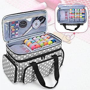LUXJA Large 2 Layers Sewing Organizer Bag with 5 Detachable Dividers, Sewing Storage Bag for Sewing Supplies, Polka Dots