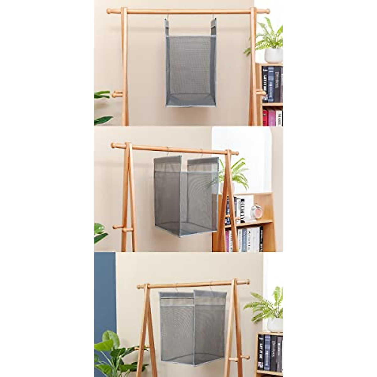 ALYER Hanging Collapsible Closet Mesh Laundry Hamper,Heavy Duty Laundry Basket and Durable Dorm Bathroom Storage Bag with Two Hangers,Gray