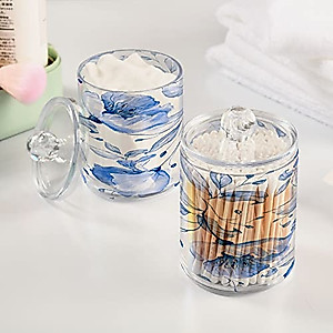 Kigai Blue Flowers Qtip Holder - 14OZ Clear Plastic Apothecary Jars Bathroom Canister Dispenser Organizer Vanity Storage Jar with Lid for Cotton Ball, Cotton Swab, Floss (2PACK)