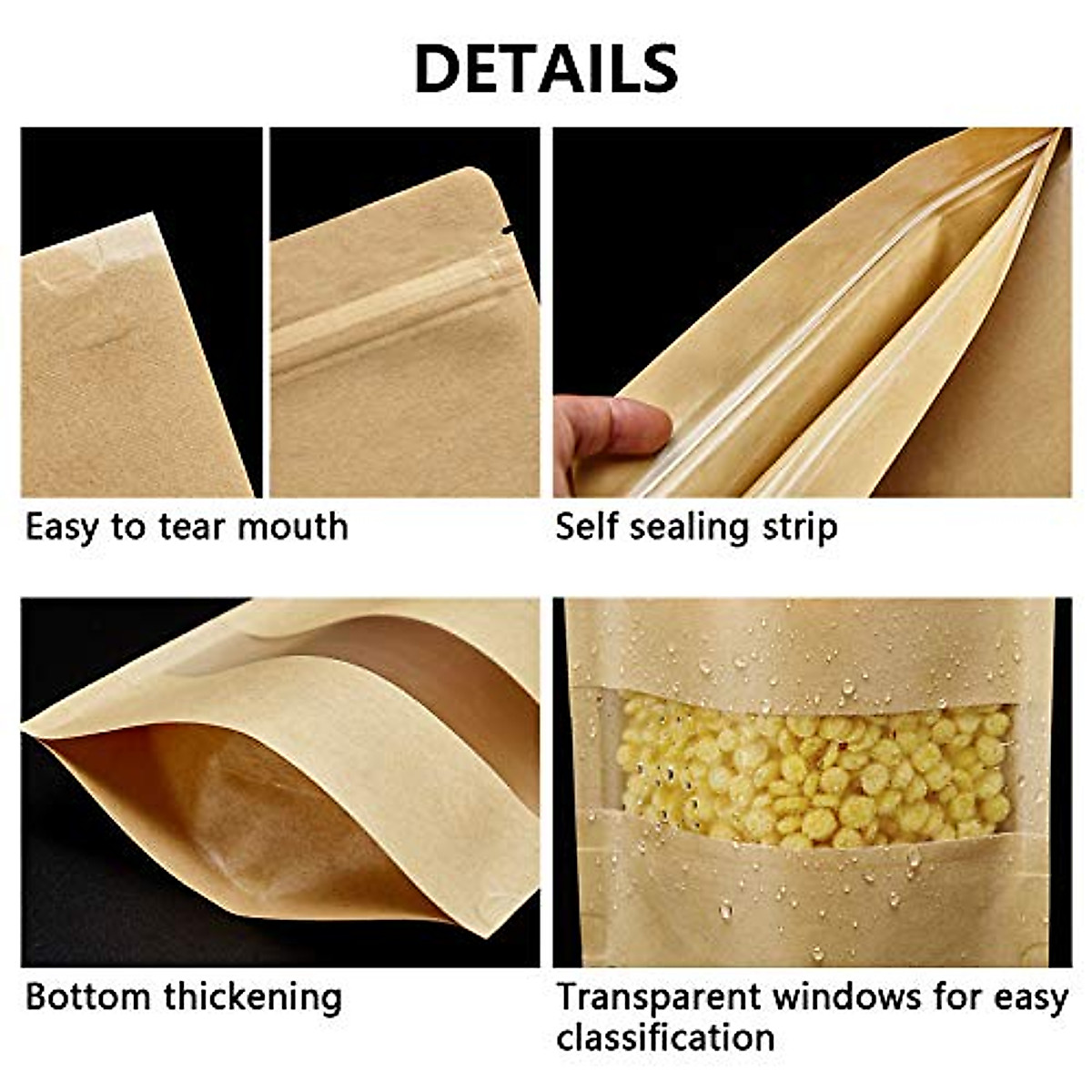 FireKylin 100 Pcs Resealable Bags,3.5" x 5.5" Stand Up Kraft Paper Bags with Matte Window, Zip Lock Food Storage Bags for Packaging Products, Reusable, Sealable