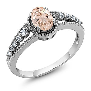Gem Stone King 925 Sterling Silver Peach Morganite and White Topaz Engagement Ring For Women (0.86 Cttw, Oval 7X5MM, Available In Size 5, 6, 7, 8, 9)