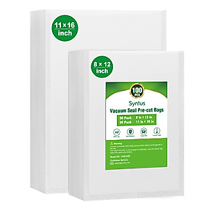 Syntus Vacuum Sealer Bags, 100 Gallon 11" x 16" and Quart 8" x 12" Commercial Grade PreCut Bag, BPA Free Food Vac Bags for Storage, Meal Prep or Sous Vide