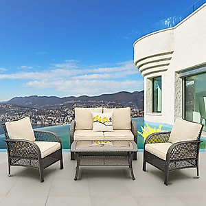 Solaste 4 Pieces Patio Furniture Sets,Patio Conversation Sofa Wicker Chair with Cushion,All-Weather Rattan Sofa for Porch Backyard Outside Garden Lawn Yard,Beige Cushion